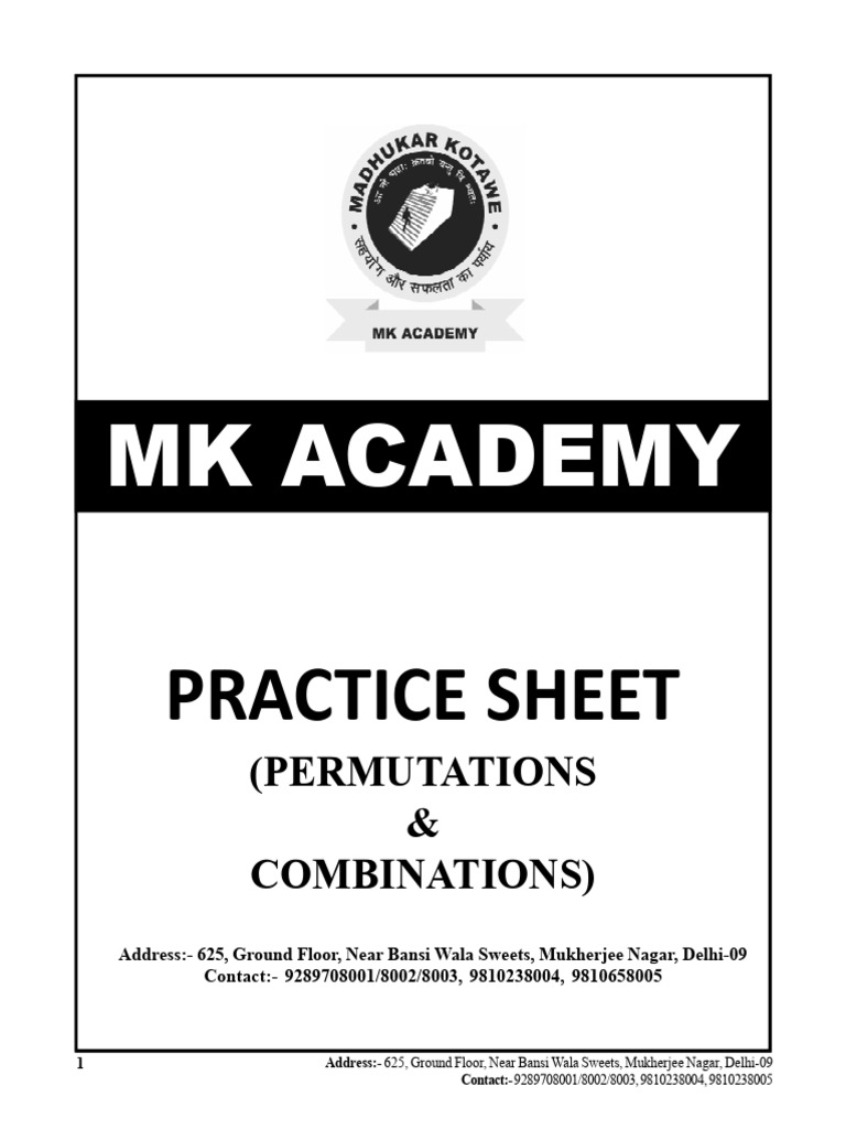 MK Academy Permutations & Combinations Practice | PDF | Odds | Mathematics
