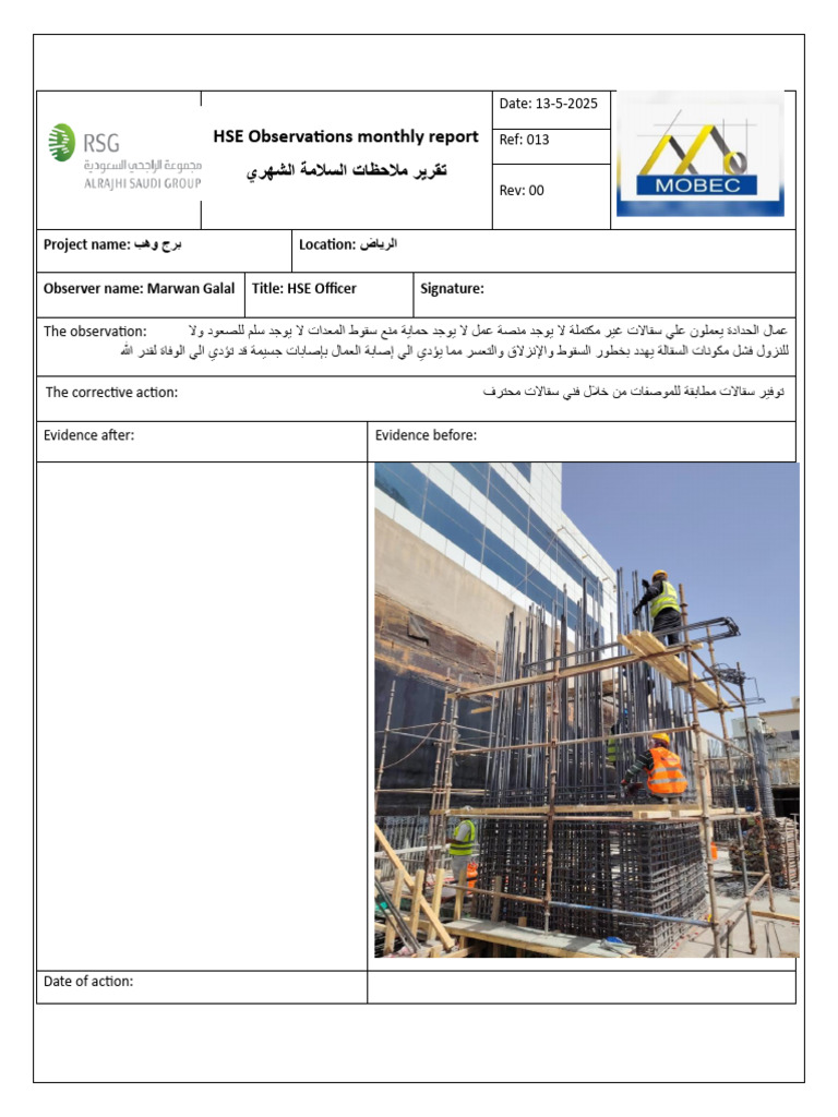 HSE Observations Monthly Report: Date: 13-5-2025 Ref: 013 | PDF