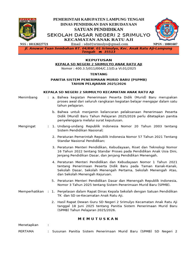 SK Panitia SPMB SD 2025/2026 | PDF