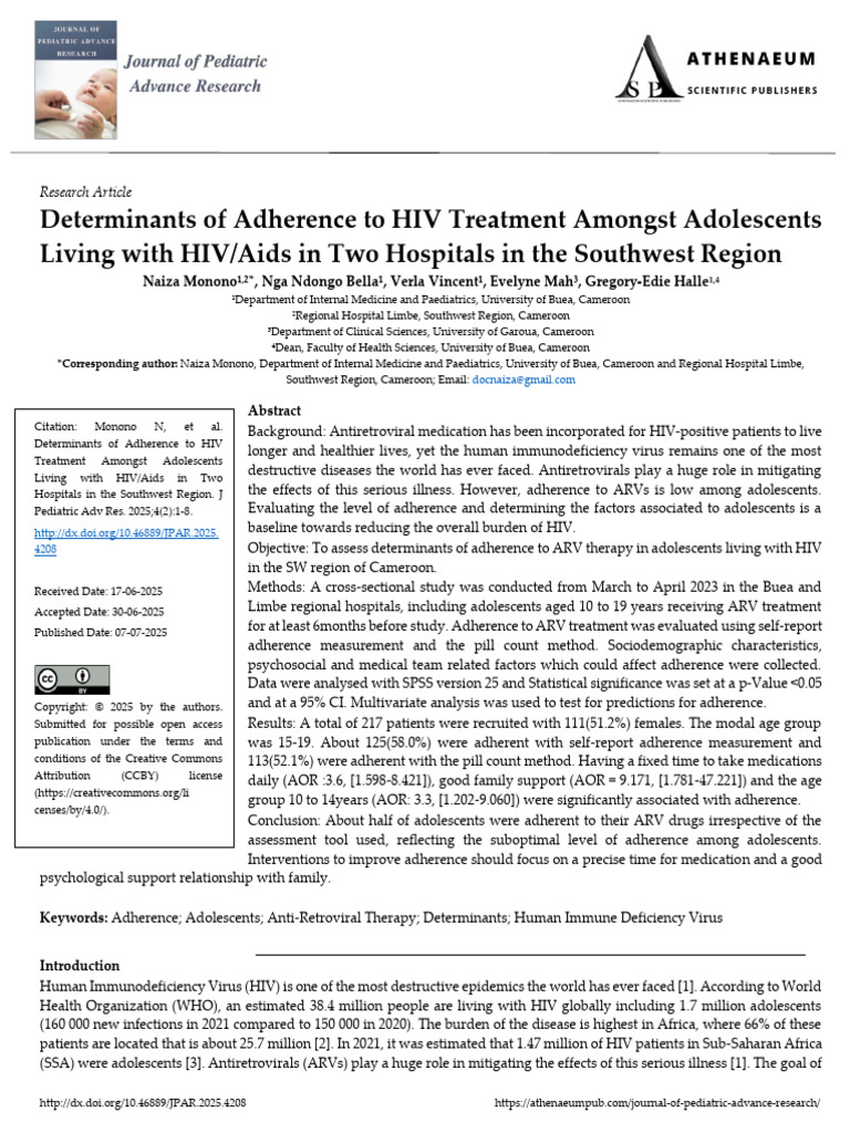 Determinants of Adherence To HIV Treatment Amongst Adolescents Living ...