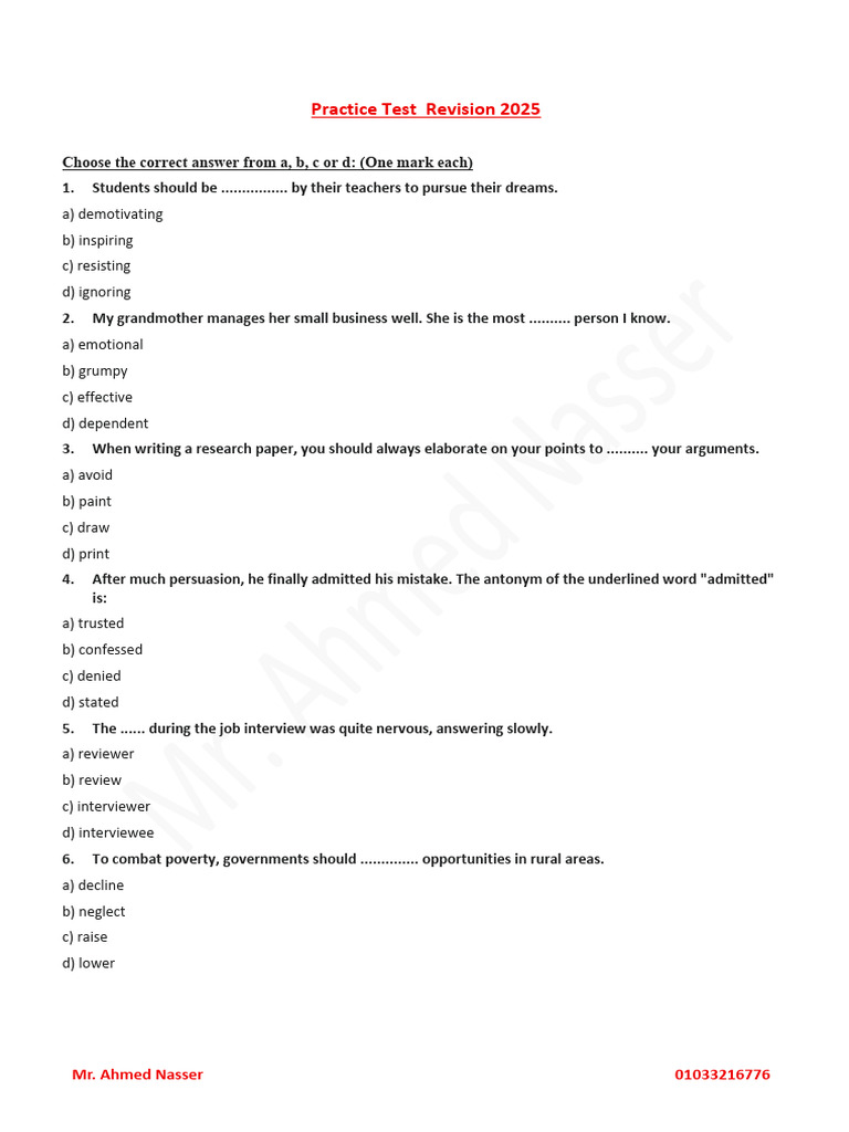 Practice Test Revision 2025 Questions | PDF