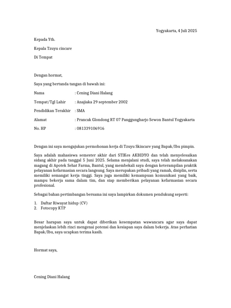 Surat Lamaran Cening Diani Halang | PDF