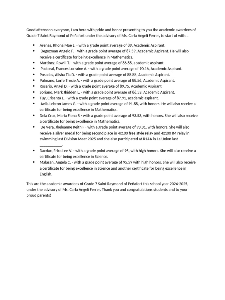 Script For Academic Awardees 7-A | PDF