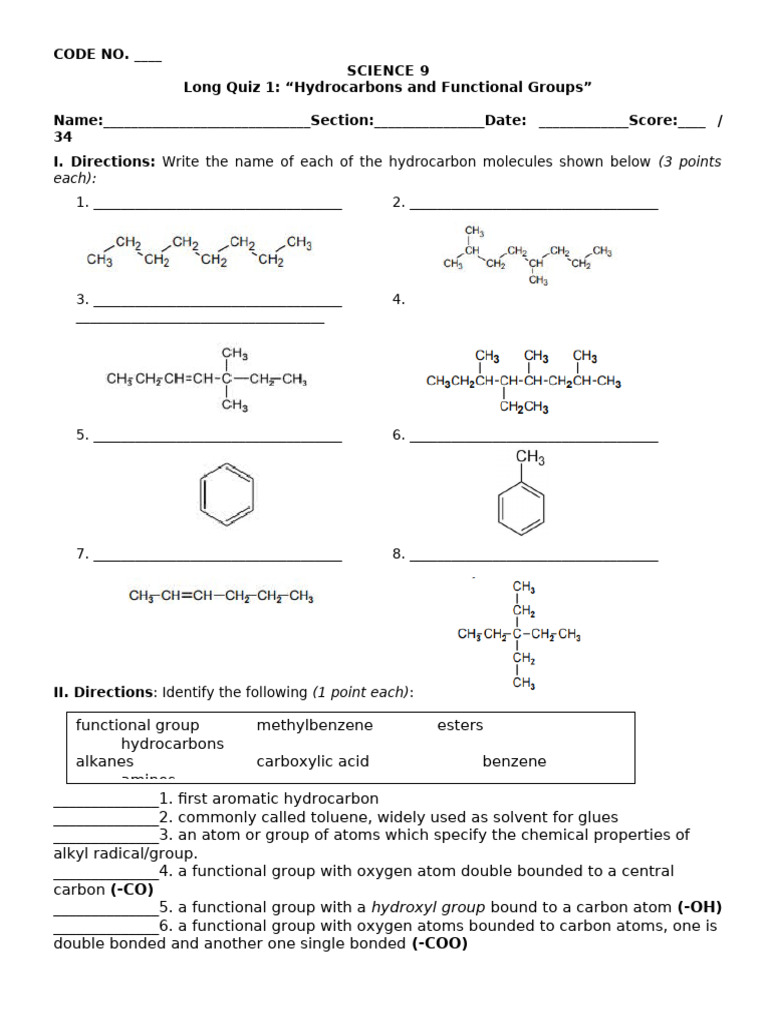 Hydrocarbons and Functional Groups Quiz | PDF