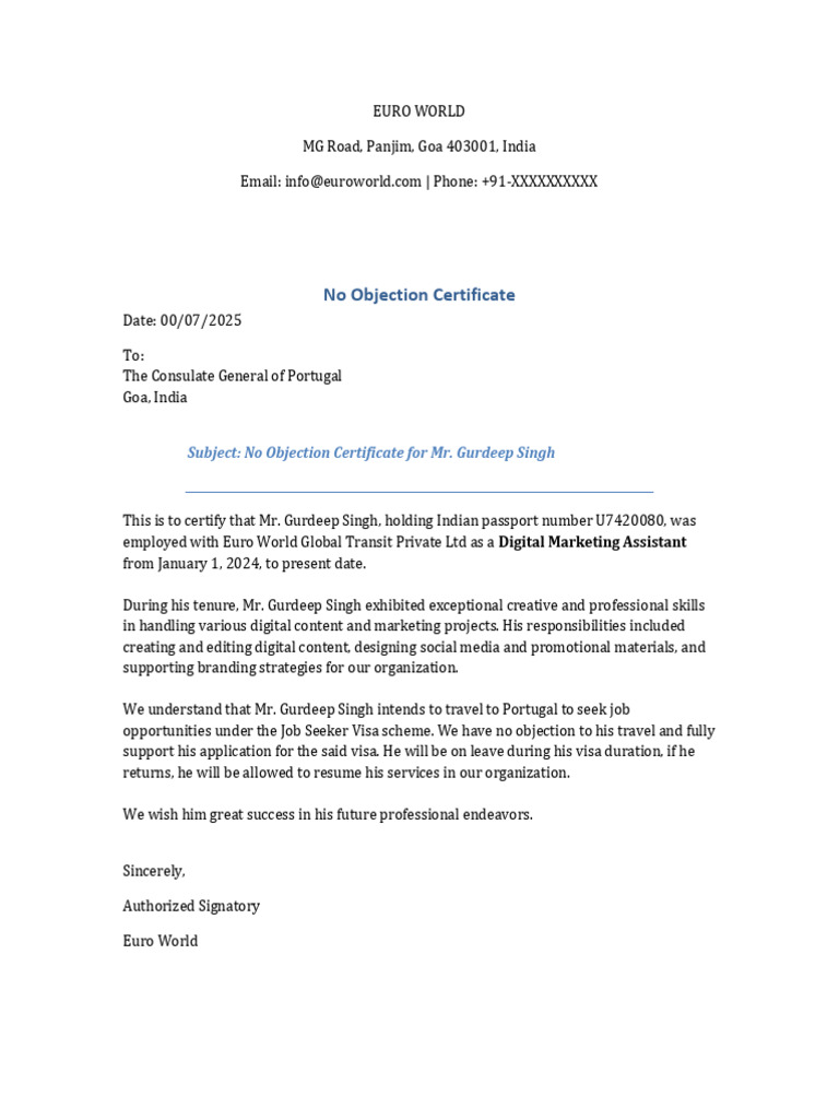 NOC Portugal Job Seeker Gurdeep Singh Letterhead | PDF