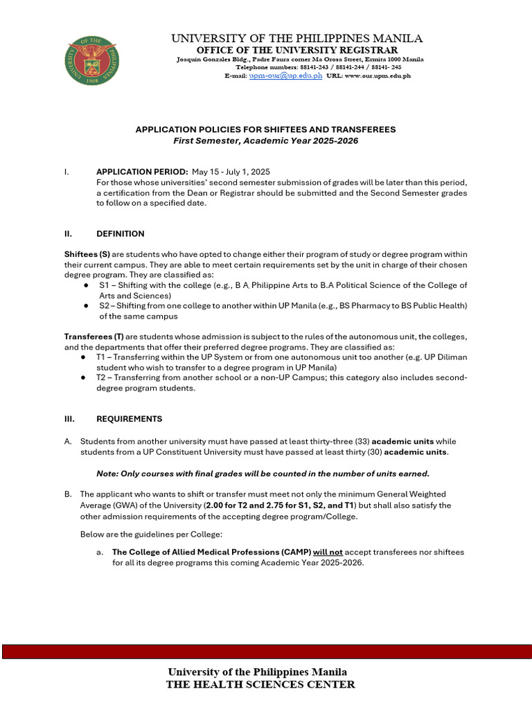 Guidelines For Shiftees and Transferees AY 2025-2026 - 0 | PDF ...