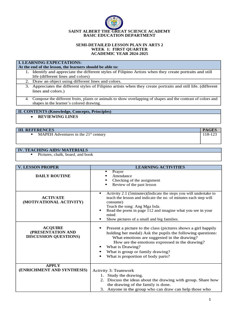 LESSON-PLAN - Arts - Week 2 - Quarter 1 | PDF | Lesson Plan | Learning