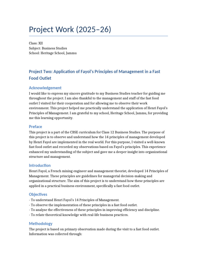 Fayol Fast Food Project | PDF | Business