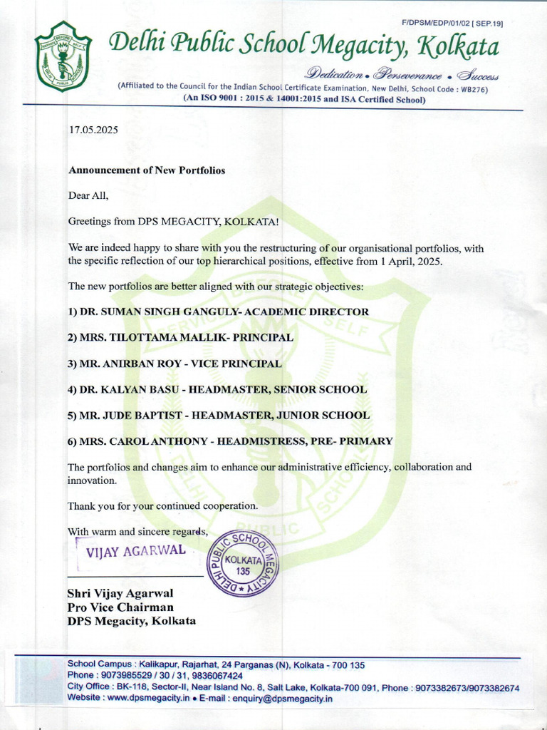 Announcement of New Portfolios2025-26 DPS Megacity | PDF