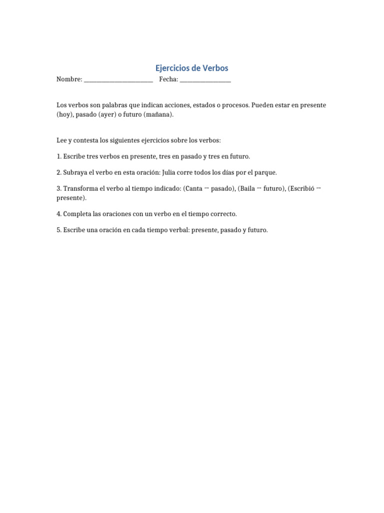 Ejercicios de Verbos para Primaria | PDF