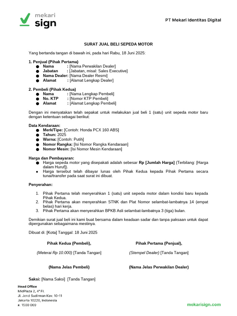 Contoh Surat Jual Beli Motor Baru Mekari Sign | PDF