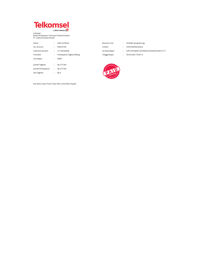 e-Receipt Pembayaran Indihome Rp 277.500 | PDF