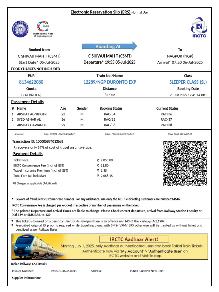 12289/Ngp Duronto Exp Sleeper Class (SL) | PDF | Identity Document ...