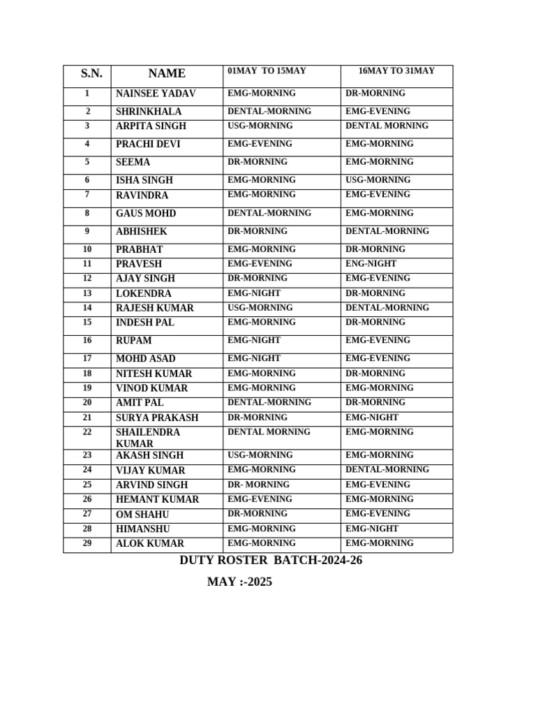 May 2025 Duty Roster for Batch 2024-26 | PDF