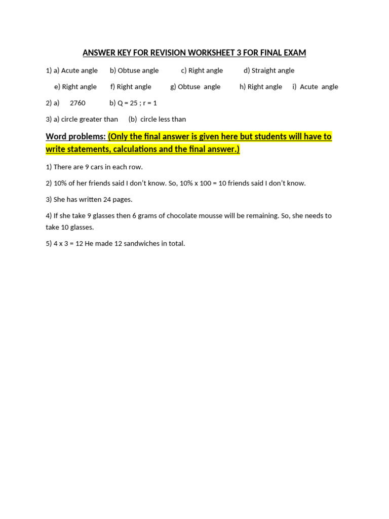 Grade 7 Math Final Exam Answer Key | PDF