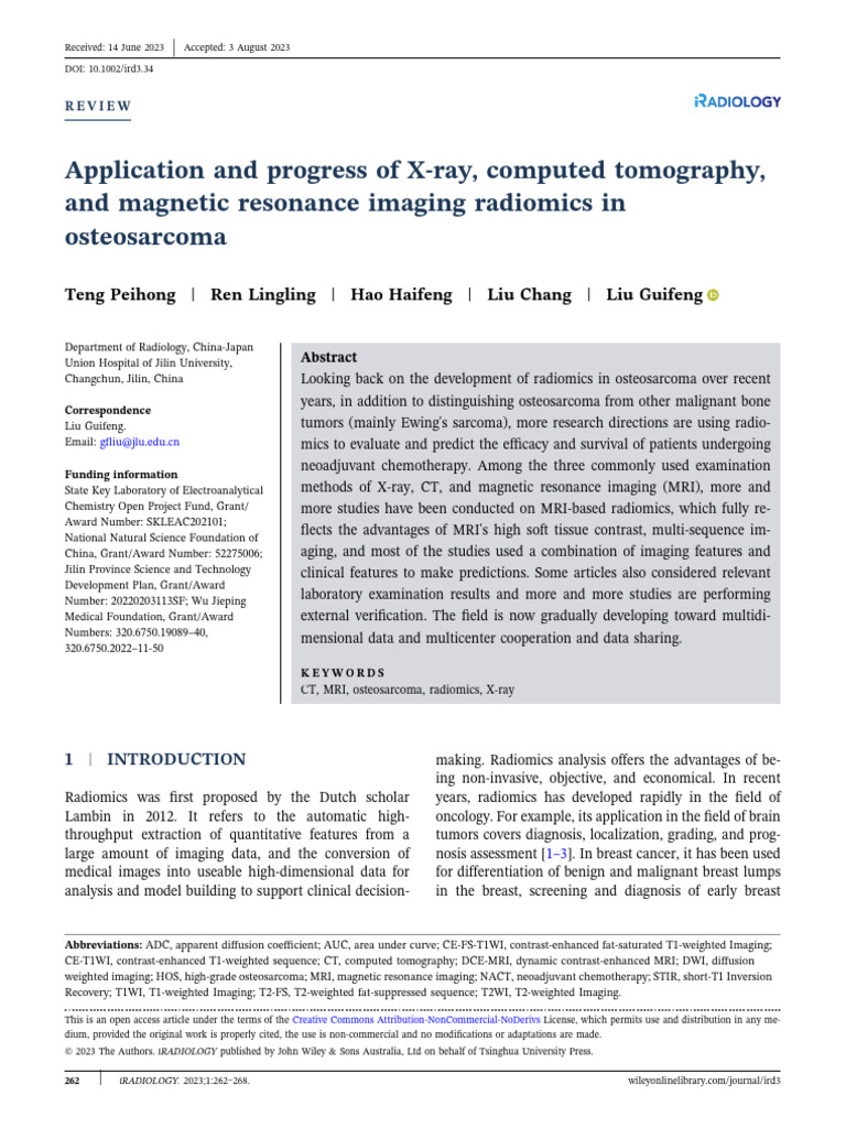 Application and Progress of X Ray, Computed Tomography, and Magnetic Resonance Imaging Radiomics ...