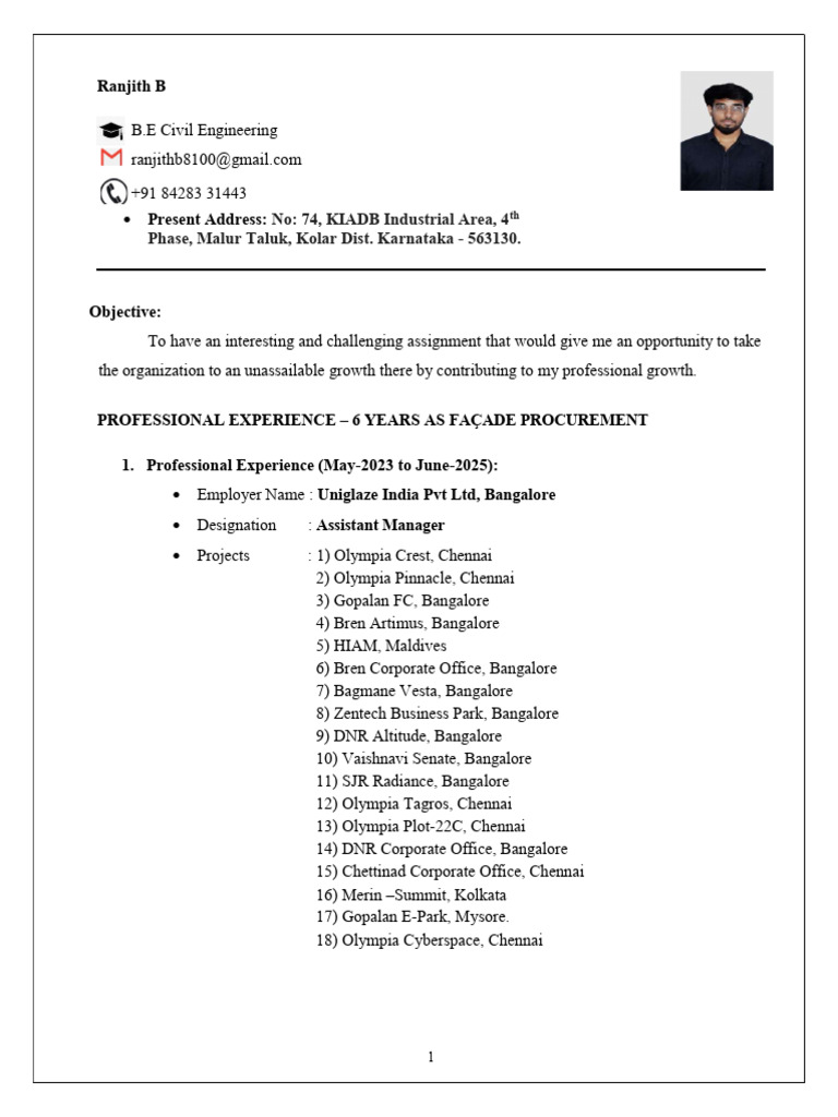 CV-Ranjith - Facade Procurement & Purchase - Assistant Manager - June-25 | PDF | Bangalore