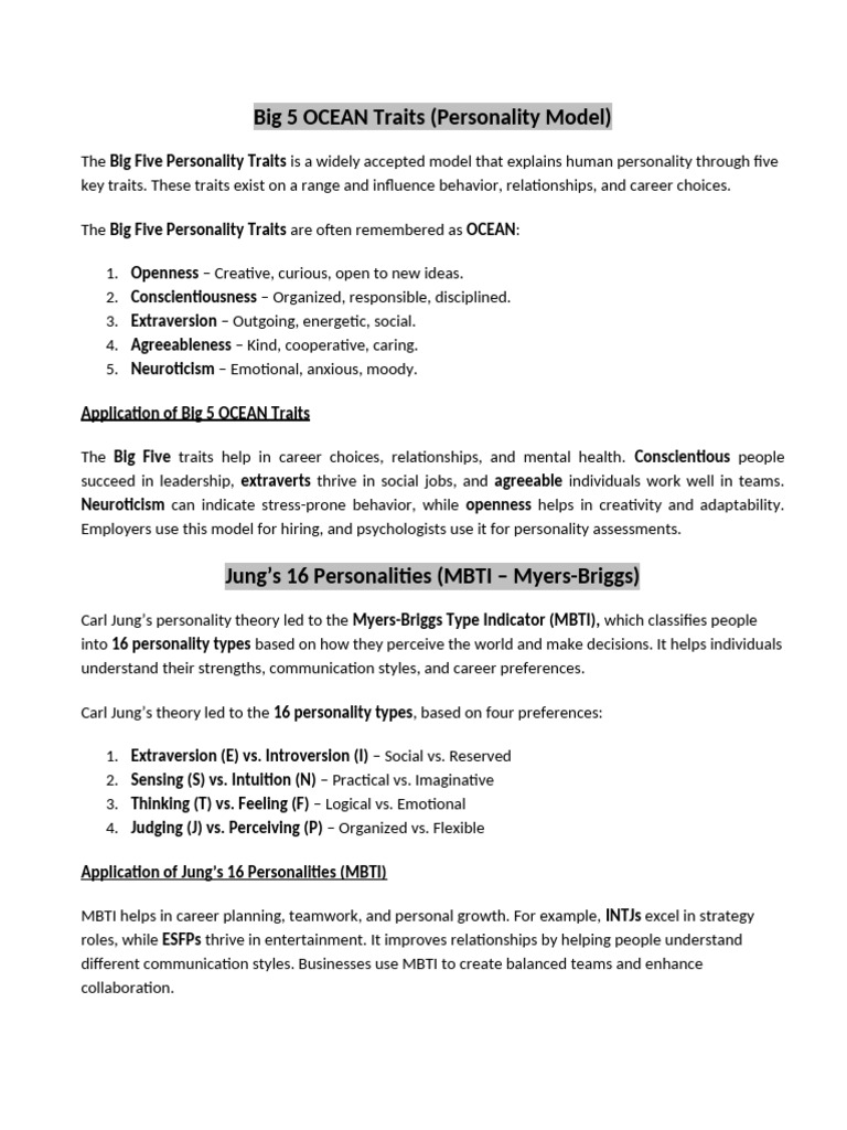 OCEAN vs MBTI: Understanding Personalities | PDF