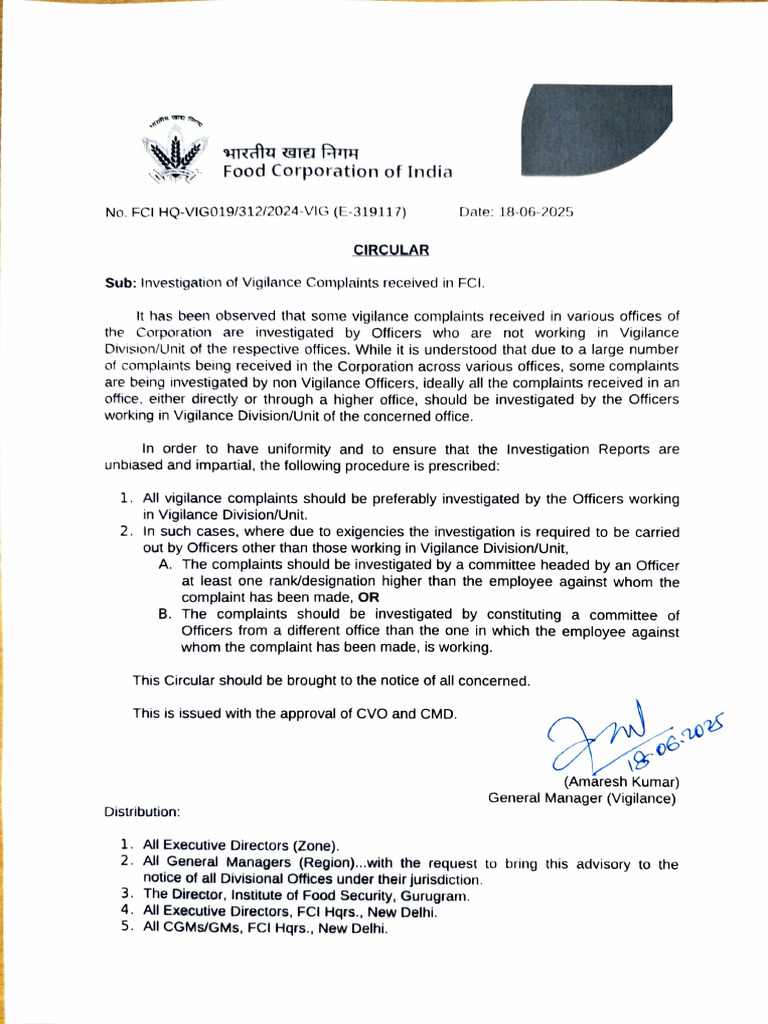 Circular Dated 18.06.2025 Regarding Investigation of Vigilance Complaints | PDF | Chess Theory ...