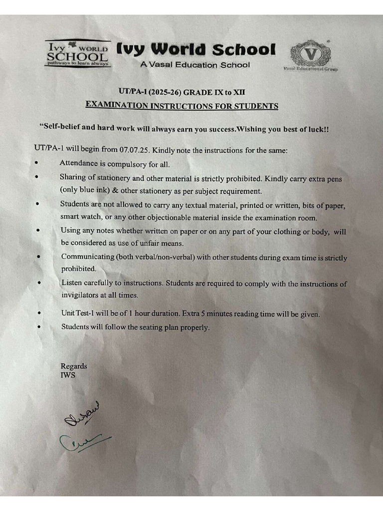 Instructions For Students For Ut-1 | PDF