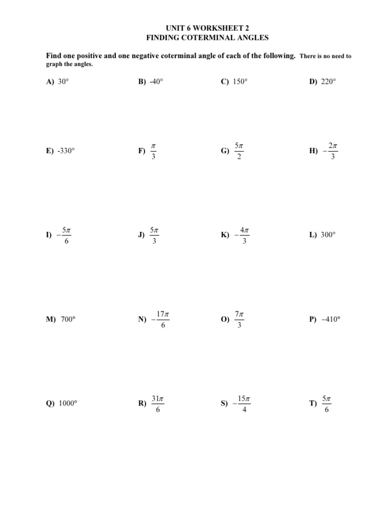 Coterminal Angles Practice Worksheet | PDF