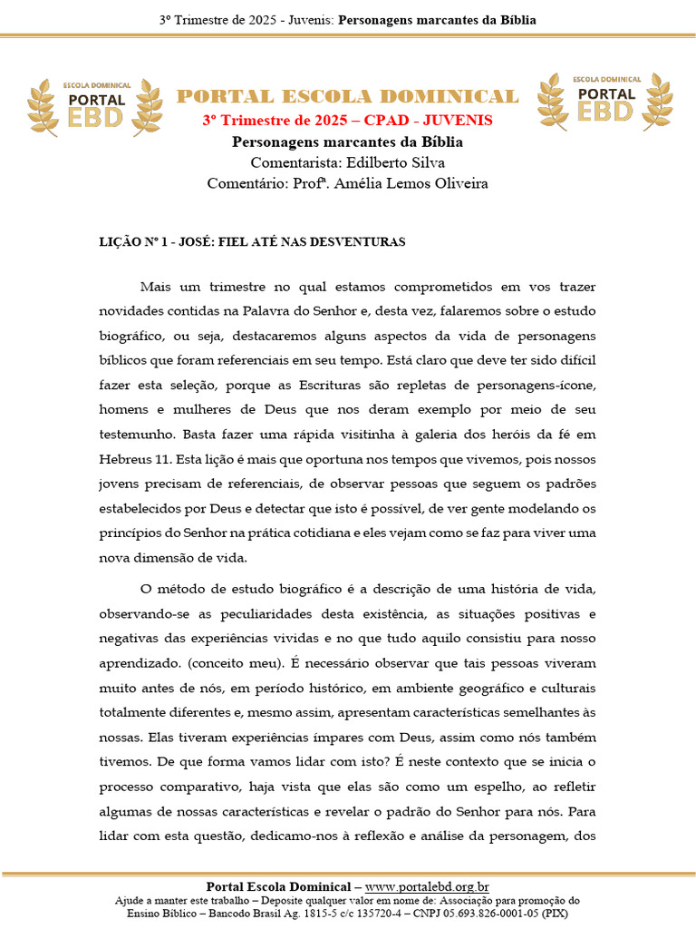 Esboço Da Lição 1 - José - Fiel Até Nas Desventuras - Prof . Amélia ...