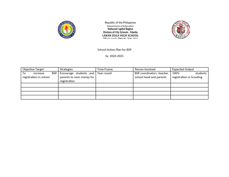 School Action Plan For BSP | PDF