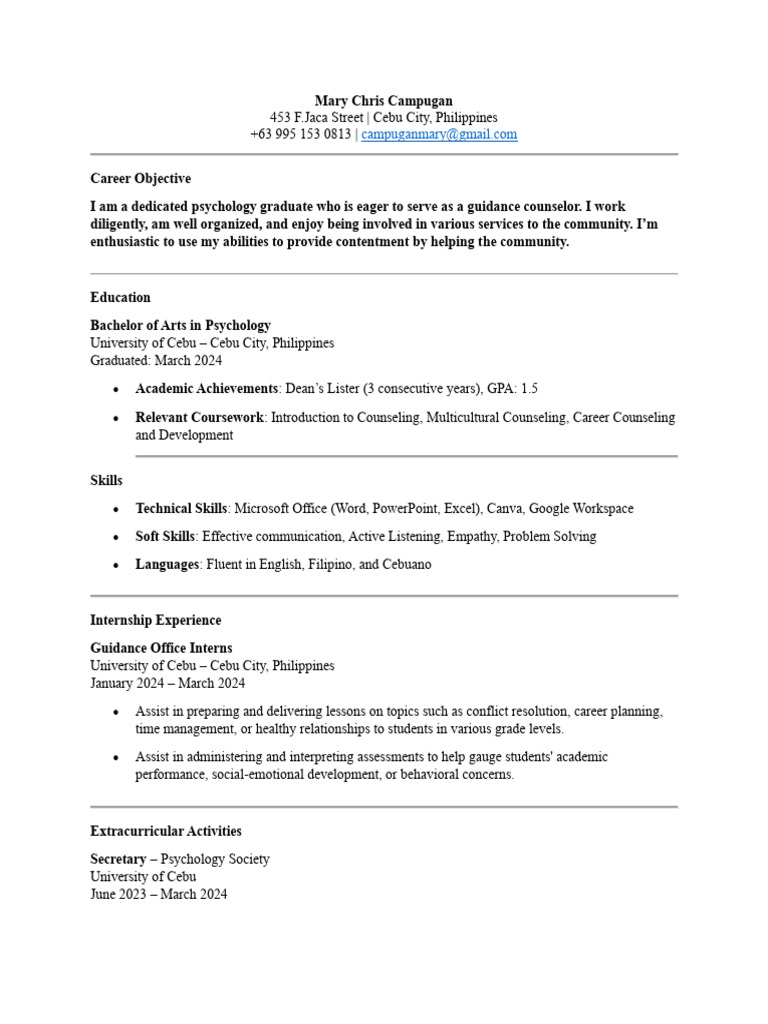 Sample Resume Without Work Experience Mary | PDF | Psychology | Cebu
