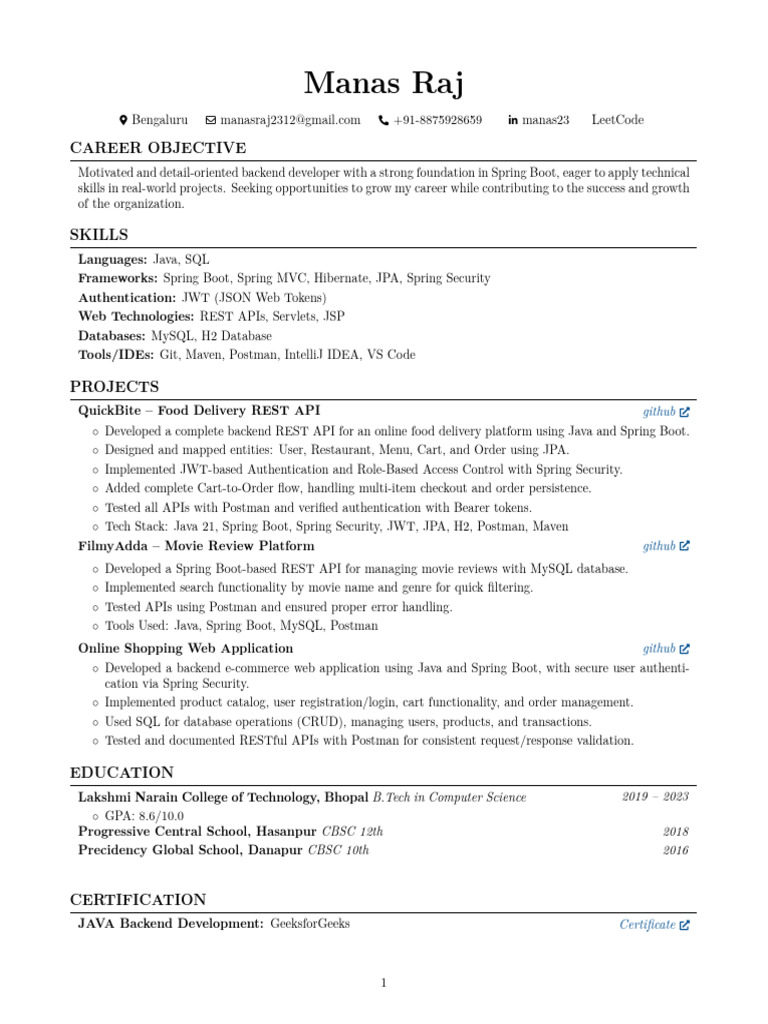 Manas Raj Software Developer-1 | PDF | Java (Programming Language ...