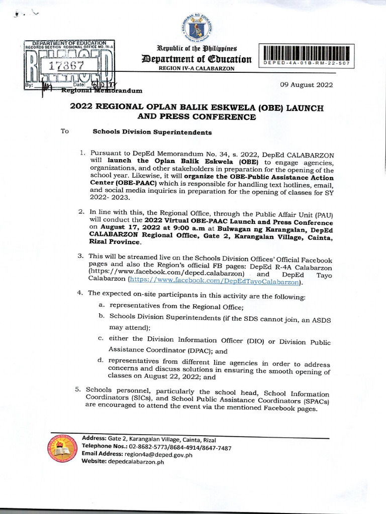 RM-22-507 Regional Oplan Balik Eskwela Launch and PressCon | PDF
