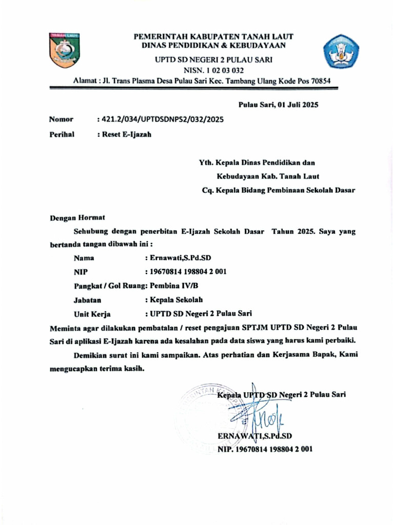 Surat Reset Ijazah Uptd SDN 2 Pulau Sari | PDF