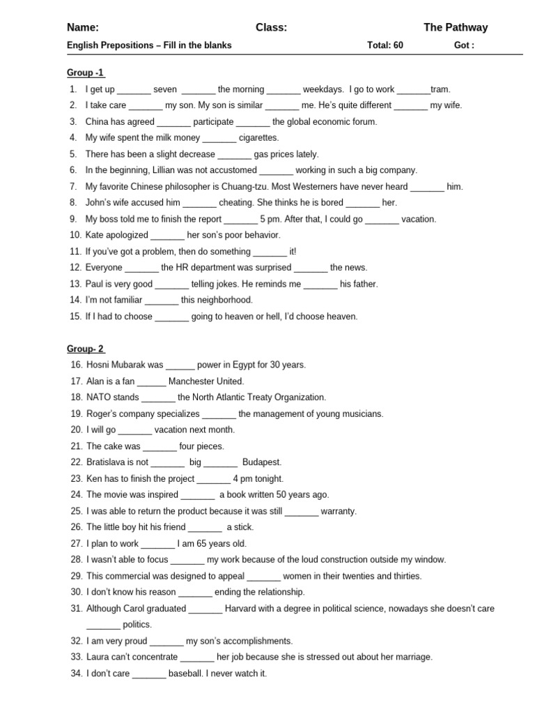 Prepositions Exercise Worksheet | PDF