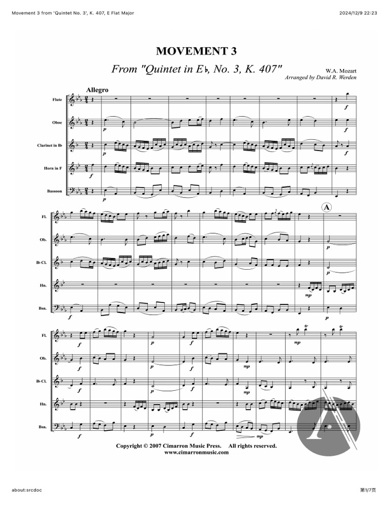 Movement 3 From 'Quintet No. 3', K. 407, E Flat Major | PDF