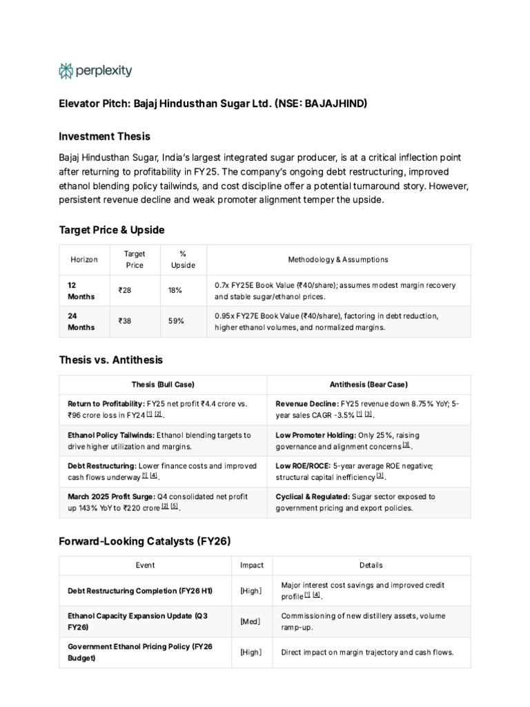 Elevator Pitch - Bajaj Hindusthan Sugar Ltd. (NSE | PDF | Profit ...