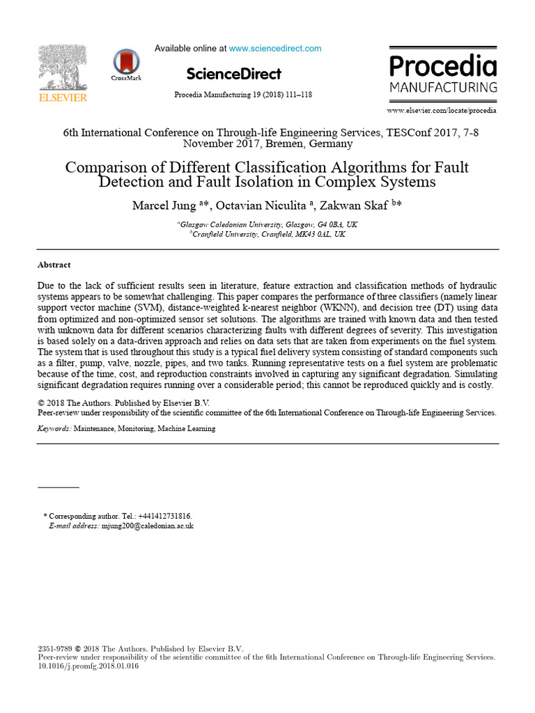Comparison of Different Classification Algorithms For Fault 2018 Procedia Ma | PDF | Support ...