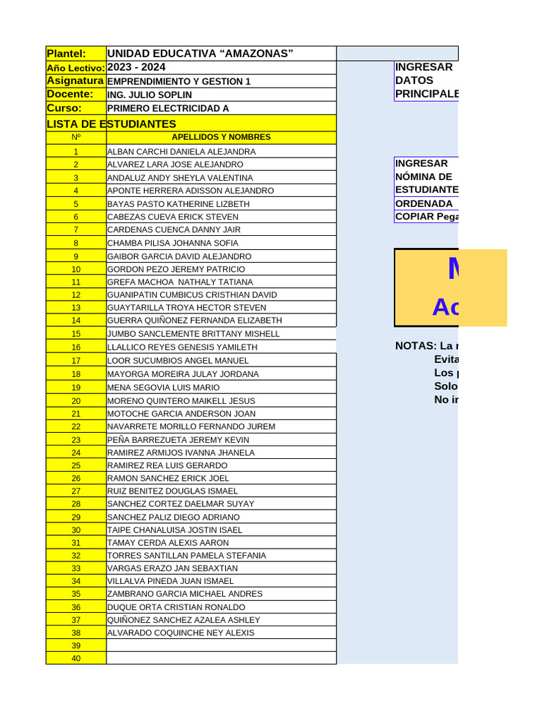 REGISTRO DE CALIFICACIONES UEMA 2023-2024 1 Elec A | PDF