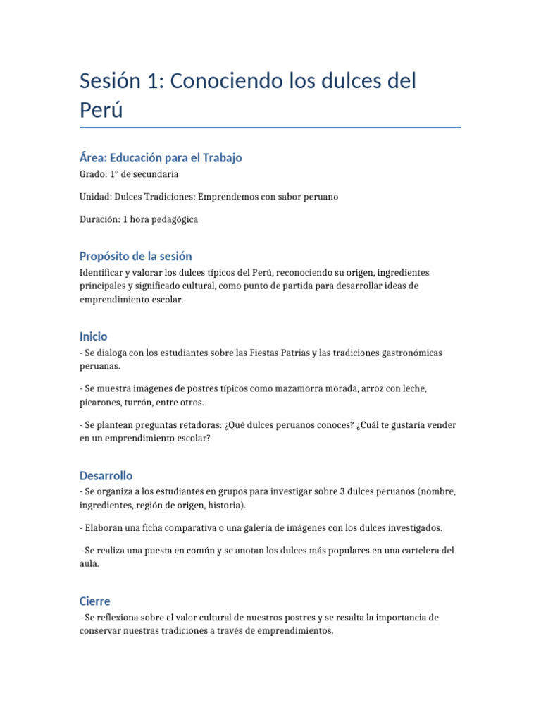 Sesion 1 - Dulces Del Perú - 1° Secundaria - Con Evaluación | PDF ...