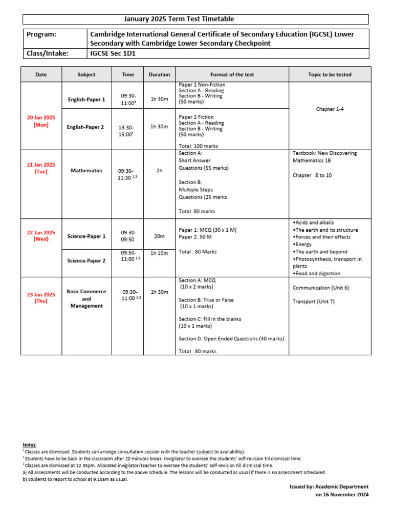 IGCSE Sec 1D1 Term 3 Term Test Timetable 2025 | PDF