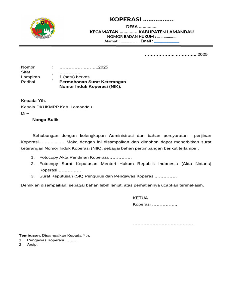 Permohonan NIK Koperasi Lamandau | PDF