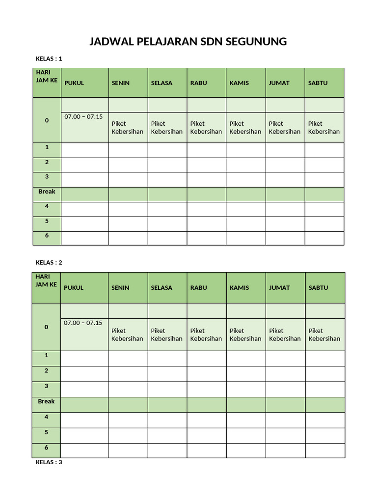 Jadwal Pelajaran SDN Segunung - 2025 | PDF