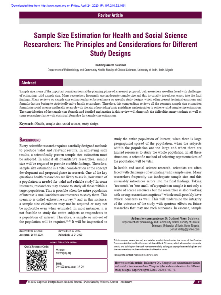 Sample Size - Article-1 | PDF | Sample Size Determination | Sampling (Statistics)