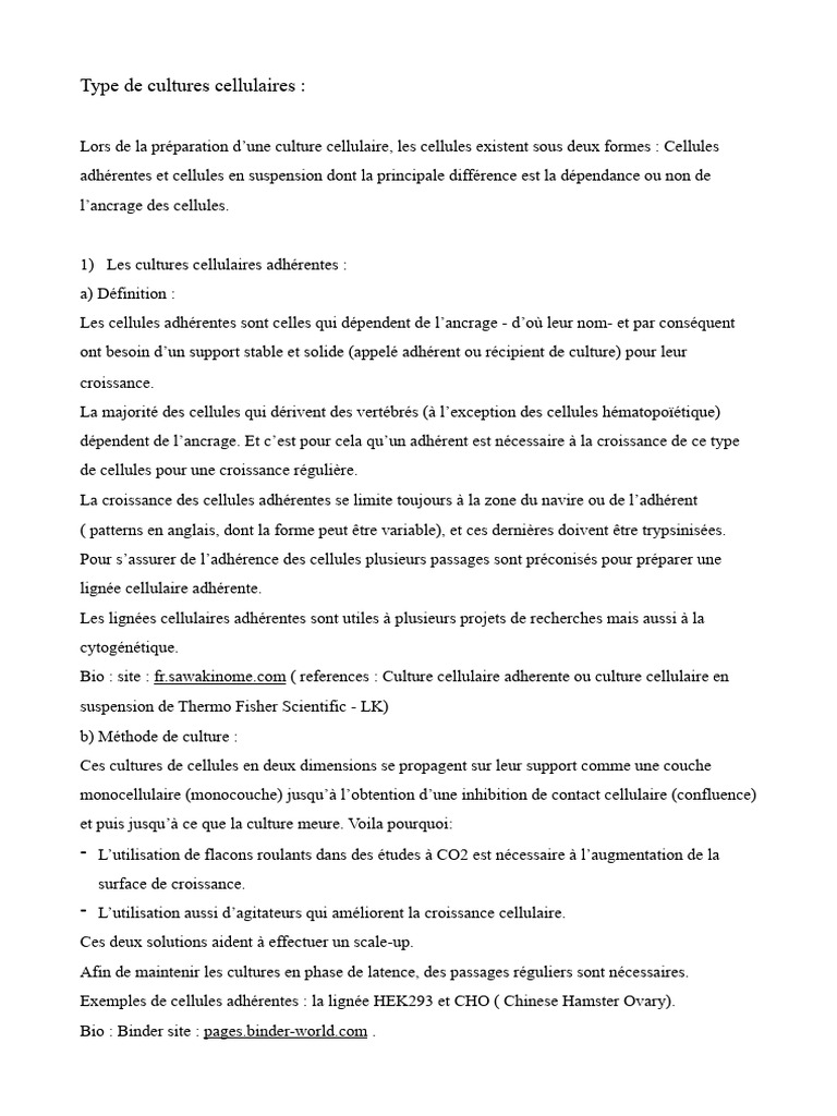 Cultures cellulaires : adhérentes vs suspension | PDF | Culture ...