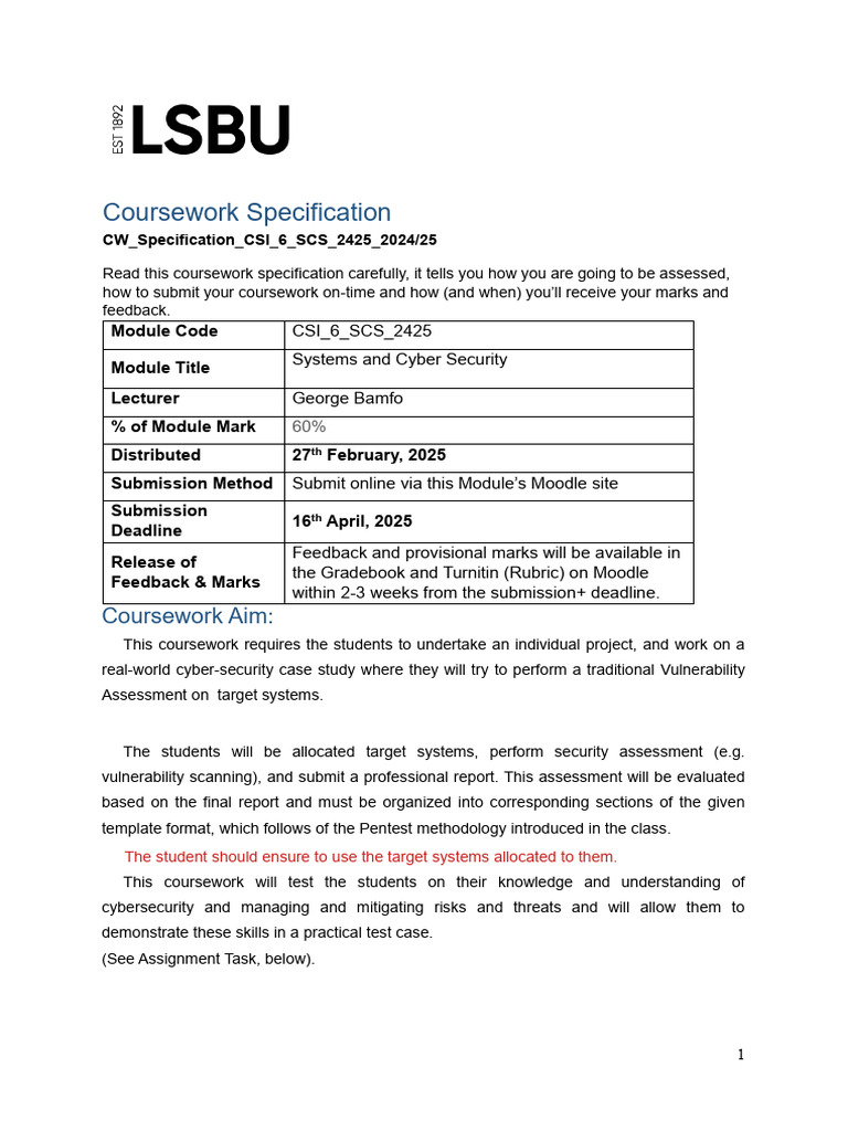 Coursework Specs CSI 6 SCS 2425 | PDF | Computer Security | Security