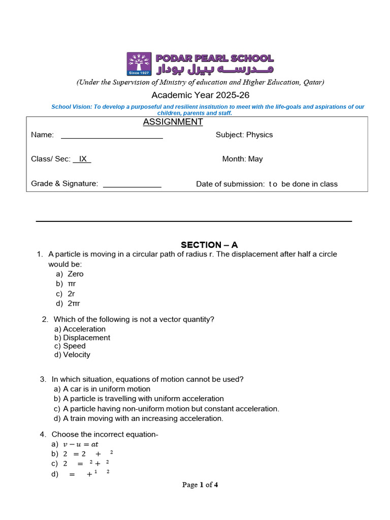 Class 9 Phy Pt1 Rev Assign - 25-26 | PDF | Velocity | Acceleration