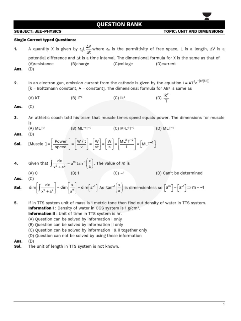 JEE Physics Question Bank: Units & Dimensions | PDF | Rotation | Kinematics
