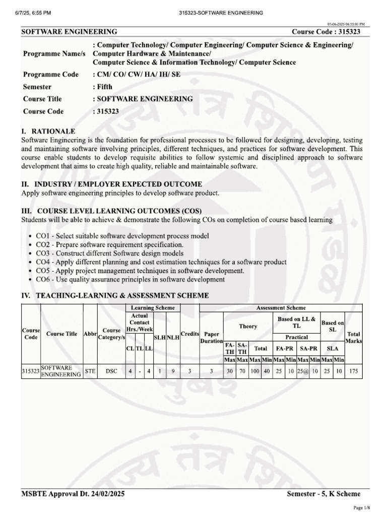 SOFTWARE ENGINEERING Syllabus | PDF