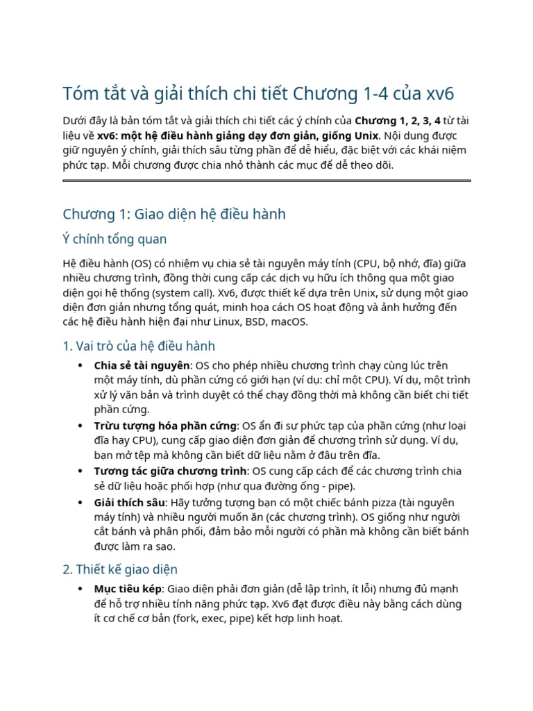 Tóm tắt và giải thích chi tiết Chương 1-4 của xv6 | PDF