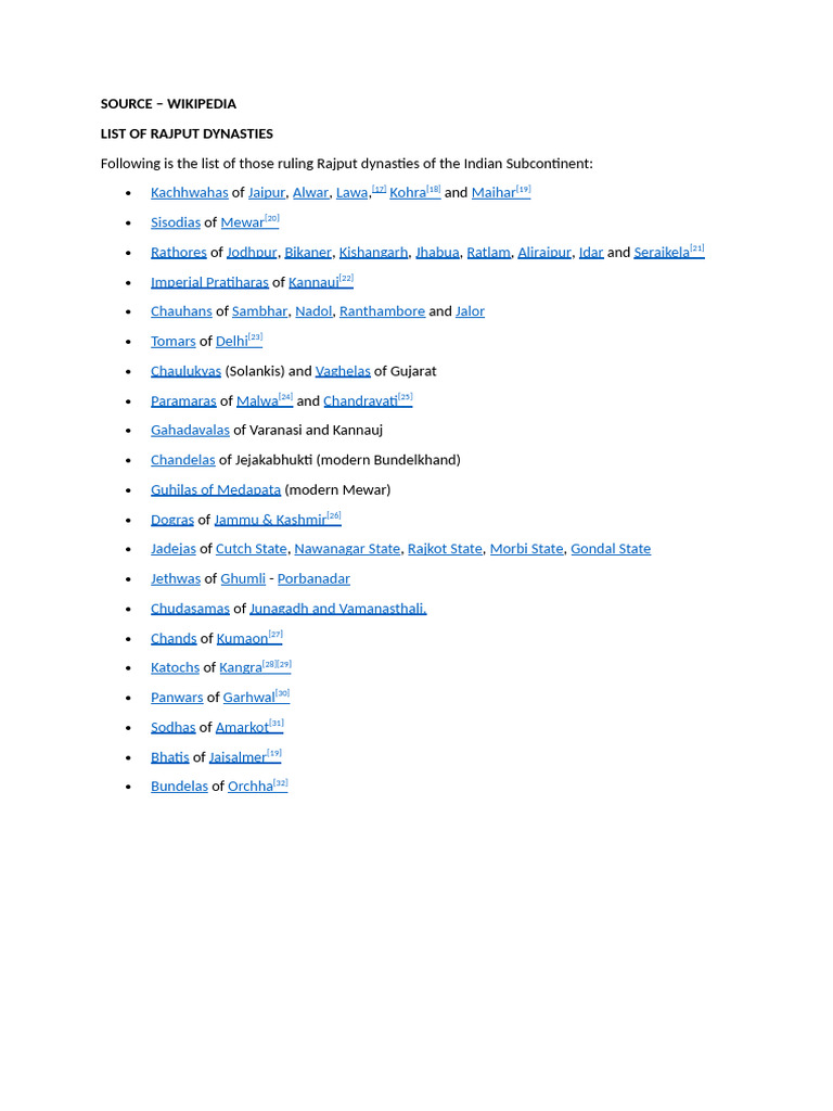 List of Rajput Dynasties in India | PDF