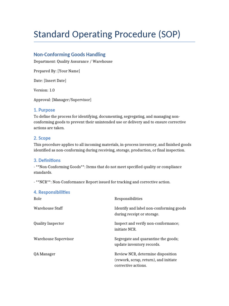 Non-Conforming Goods SOP Guide | PDF | Quality Assurance | Inventory