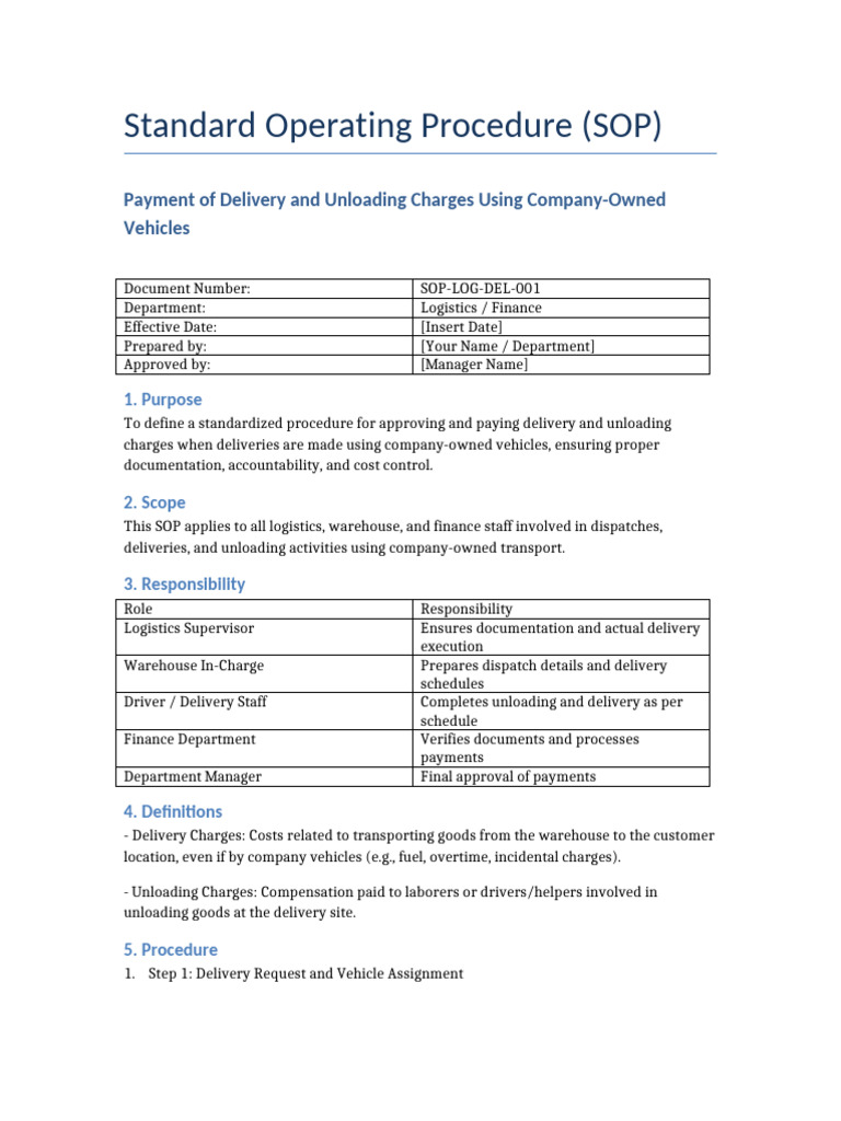 SOP Delivery Unloading Charges | PDF | Logistics | Warehouse